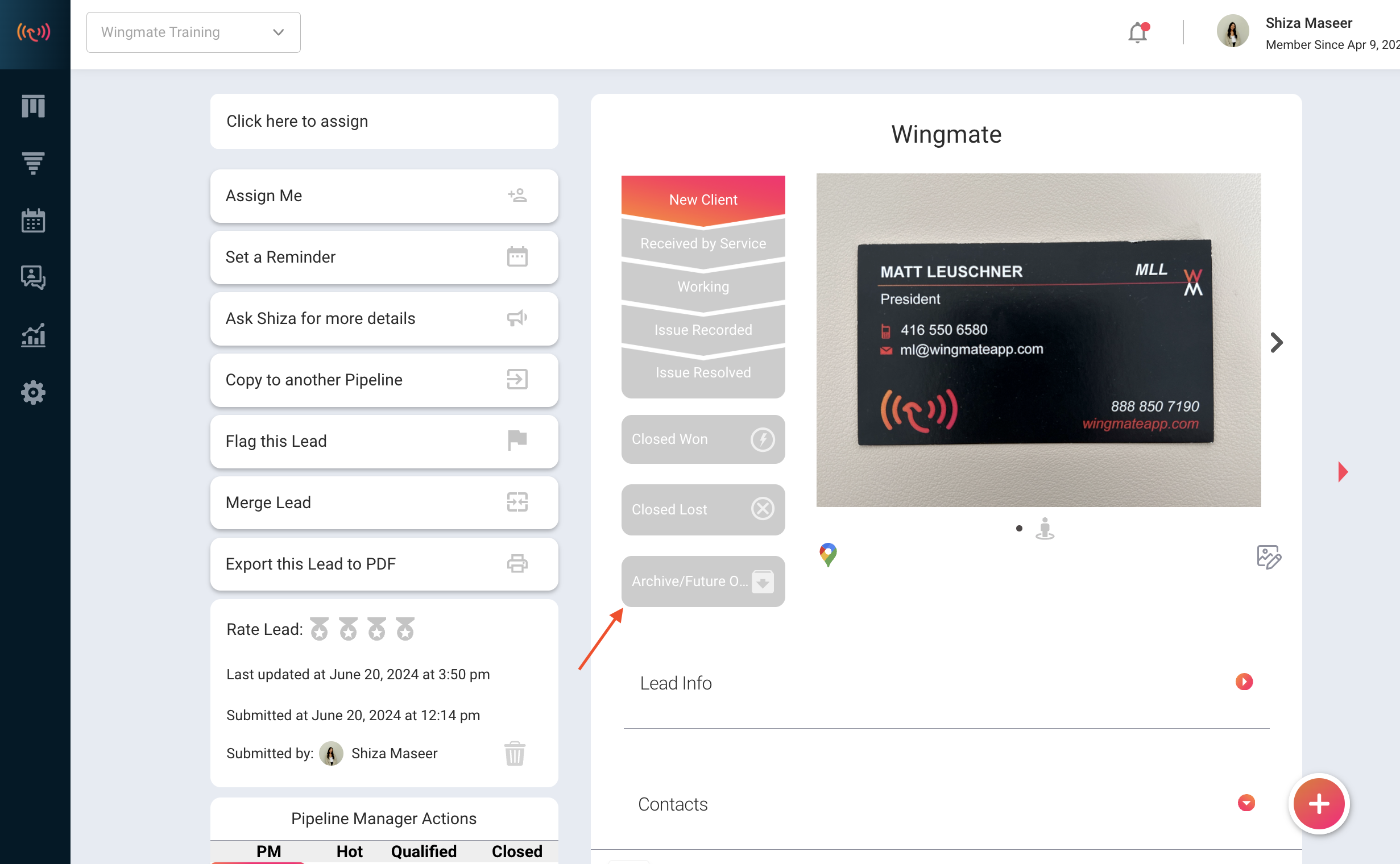 Archiving a Lead – Wingmate Support