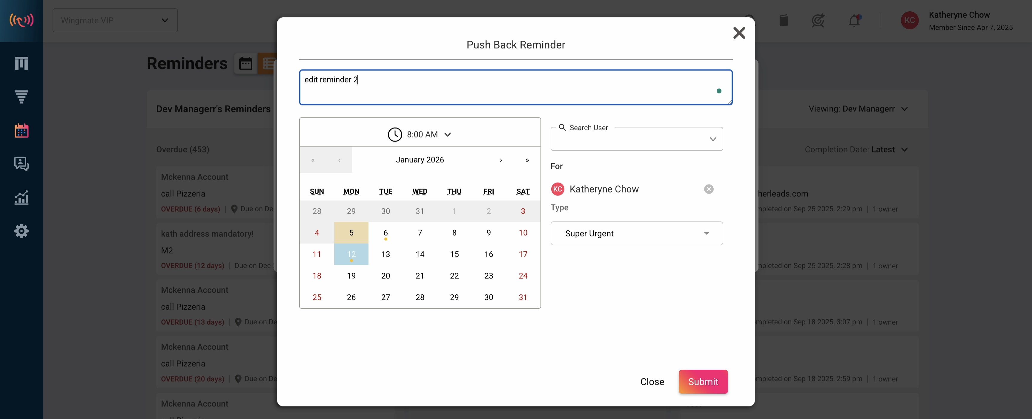 Reminders: How to Push Back a Reminder – Wingmate Support